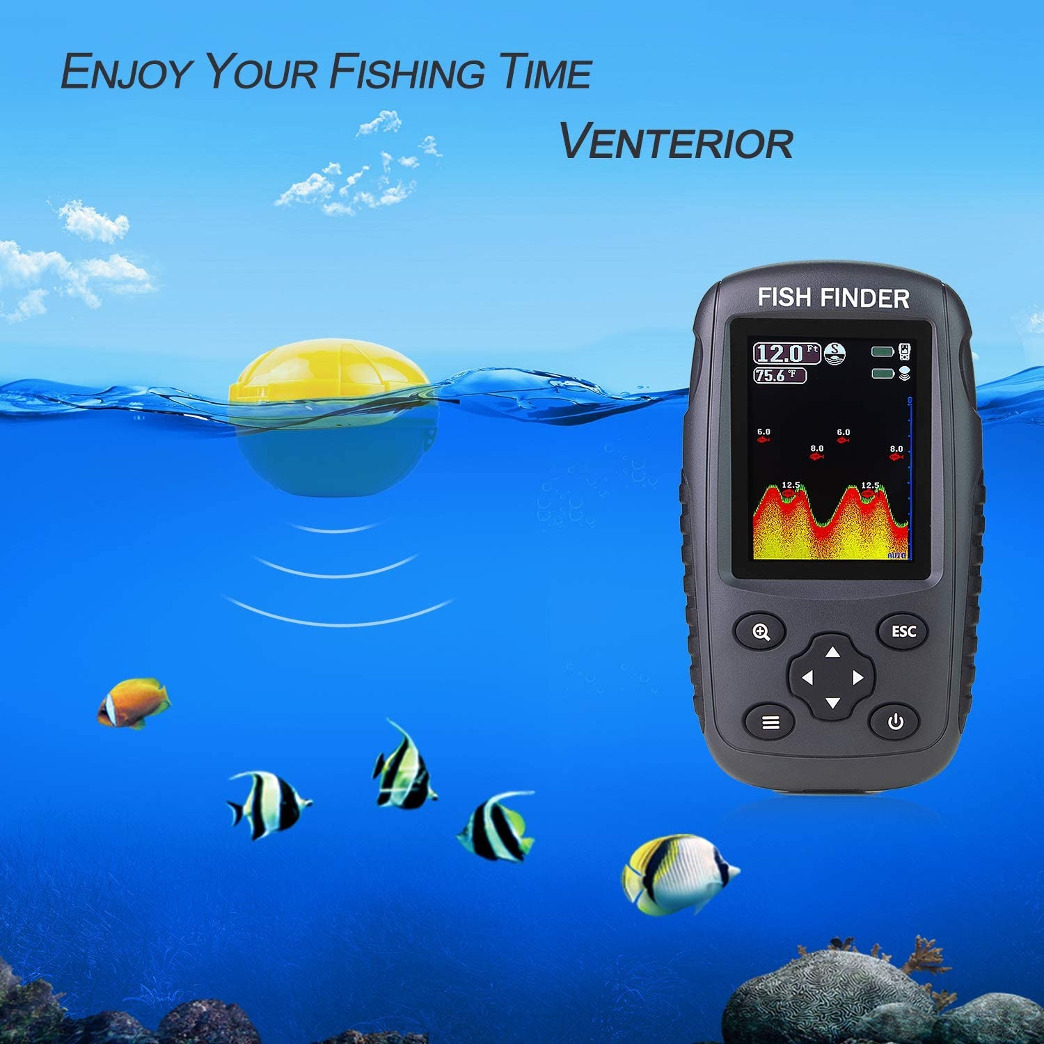 ReefVision Portable Rechargeable Fish Finder with Wireless Sonar Sensor ...