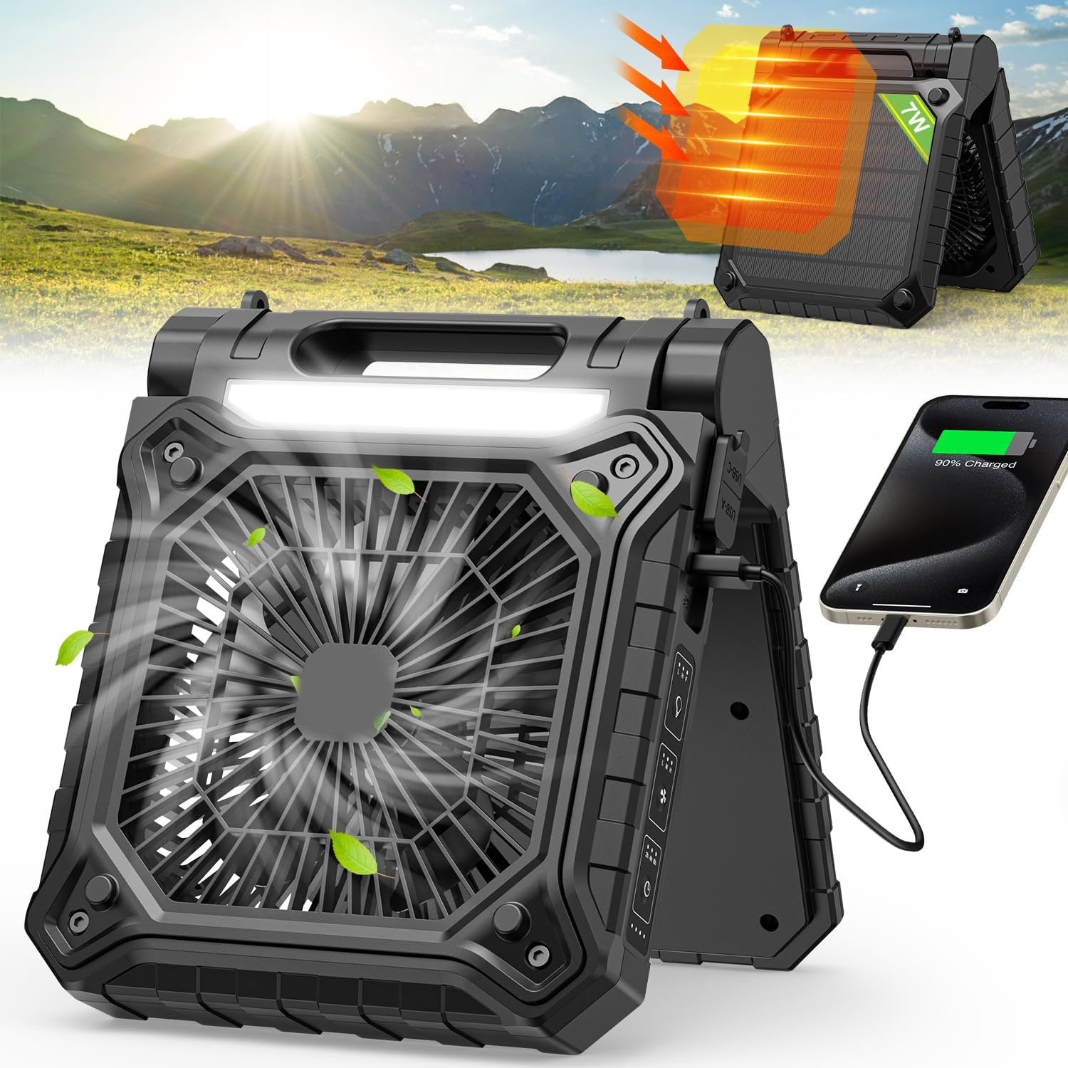EcoWind Solar Fan for Camping: 8000mAh Rechargeable Battery, LED ...
